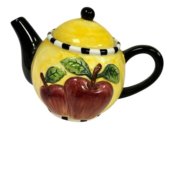 Kitchen | Teapot Apple Motif Yellow W Black Handle Spout Checkered Rim ...